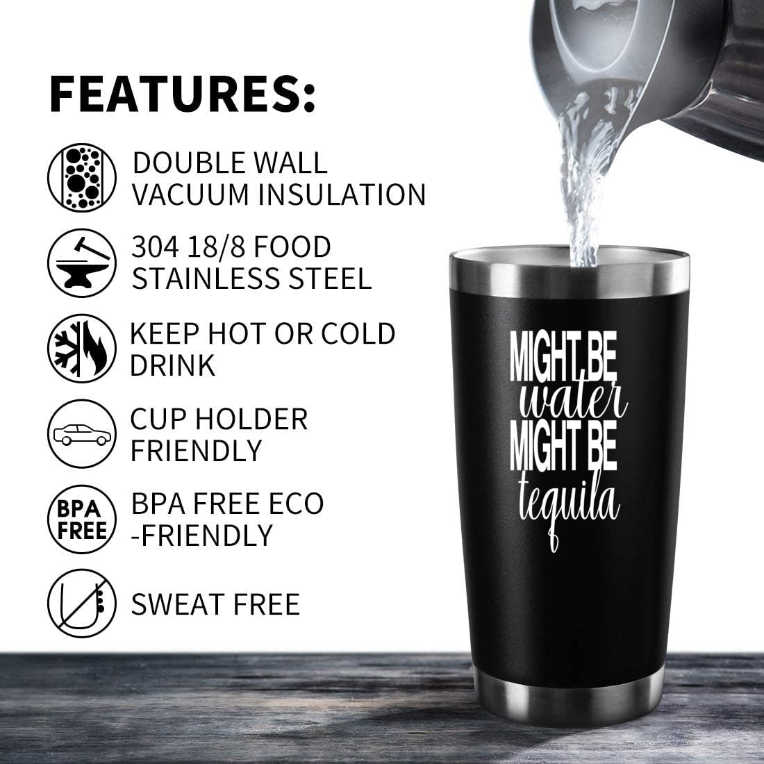 ATHAND Might Be Water Might Be Tequila 20 oz Insulated Tumblers with Lid & Straw | Double Wall Stainless Steel Wine Tumbler Coffee Mug | Novelty Birthday Christmas Gifts Idea (Black)