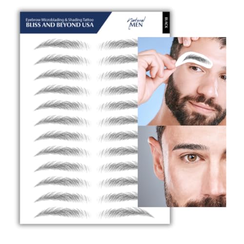 Bliss and Beyond USA | Men Waterproof Eyebrow Tattoo Stickers. A real hair stroke look. Hair replacement without surgery. Solution for hair loss. Bushy Tinted eyebrow tattoos. (MEN)