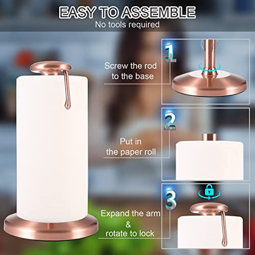 LKKL Paper Towel Holder Countertop, One Hand Tear Kitchen Paper Towel Holder Stand with Sturdy Weighted Base, Standing Paper Towel Roll Holder for Kitchen Bathroom Laundry, Stainless Steel Rose Gold