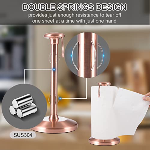 LKKL Paper Towel Holder Countertop, One Hand Tear Kitchen Paper Towel Holder Stand with Sturdy Weighted Base, Standing Paper Towel Roll Holder for Kitchen Bathroom Laundry, Stainless Steel Rose Gold