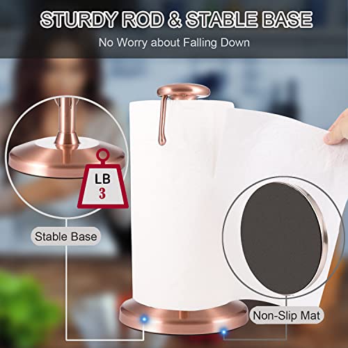 LKKL Paper Towel Holder Countertop, One Hand Tear Kitchen Paper Towel Holder Stand with Sturdy Weighted Base, Standing Paper Towel Roll Holder for Kitchen Bathroom Laundry, Stainless Steel Rose Gold