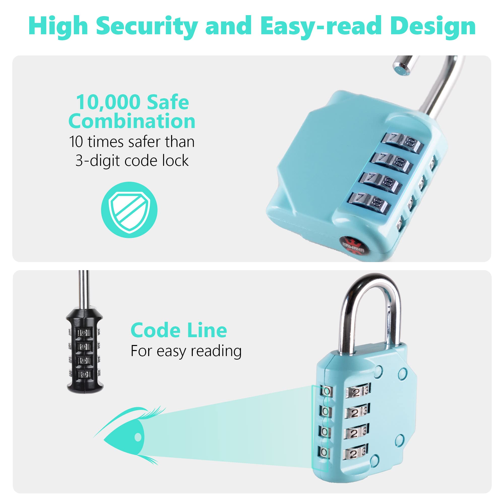 KAWAHA CL11AS Combination Lock, 4 Digit Outdoor Combination Padlock Set Your own Combination for Gym Locker Lock, School, Gates, Doors, Toolbox, Hasps and Storage (Aqua Sky *1)