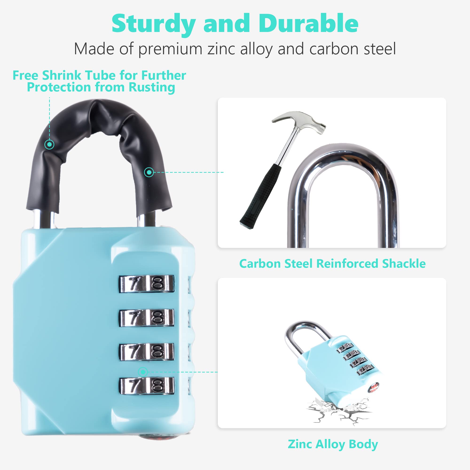 KAWAHA CL11AS Combination Lock, 4 Digit Outdoor Combination Padlock Set Your own Combination for Gym Locker Lock, School, Gates, Doors, Toolbox, Hasps and Storage (Aqua Sky *1)