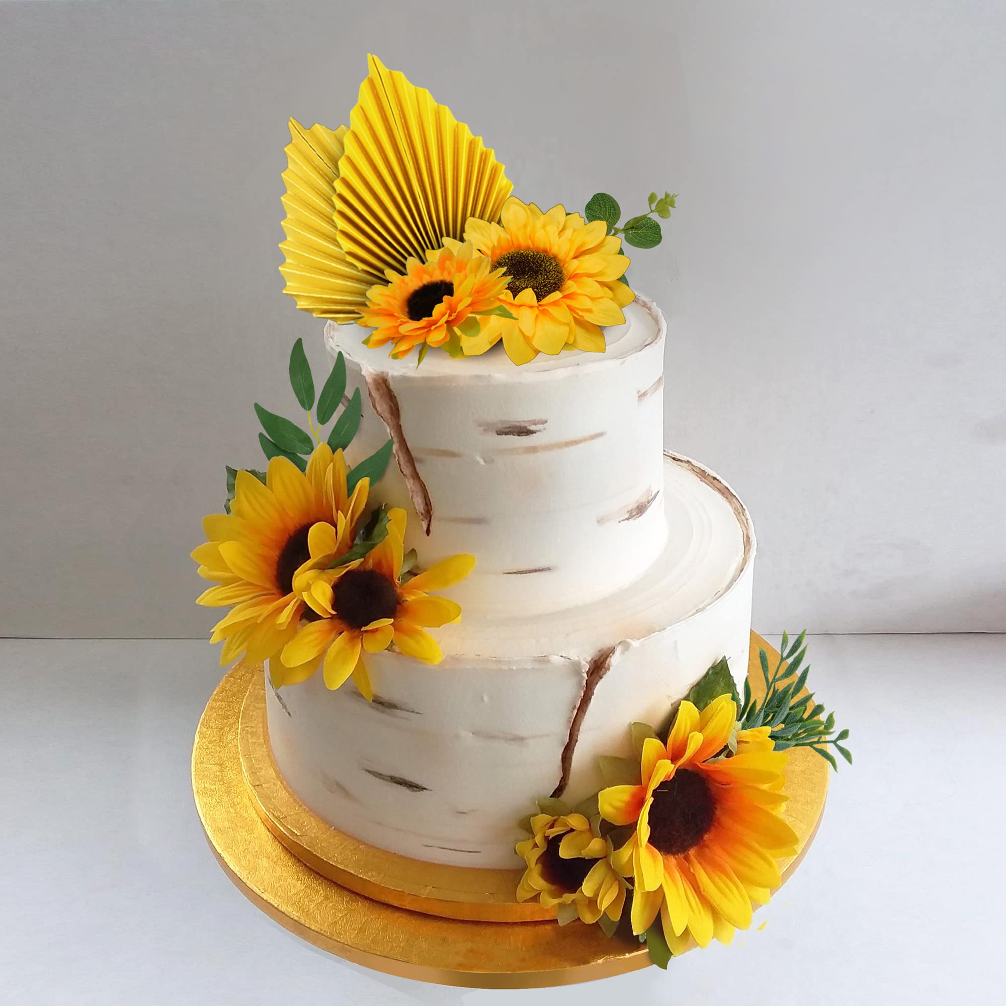 18 PCS Sunflower Cake Toppers, Sunflower Cake Decoration with Sunflowers, Golden Palm Leaves and Eucalyptus Leaves for Birthday Party, Wedding, Baby Shower, Sunflower Party Supplies