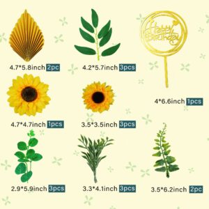 18 PCS Sunflower Cake Toppers, Sunflower Cake Decoration with Sunflowers, Golden Palm Leaves and Eucalyptus Leaves for Birthday Party, Wedding, Baby Shower, Sunflower Party Supplies