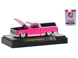 1973 chevy cheyenne 10 pickup w/camper shell c bright pink w/white top diecastz collectors ltd ed 1/64 diecast model m2 machines 31500-rz02-c