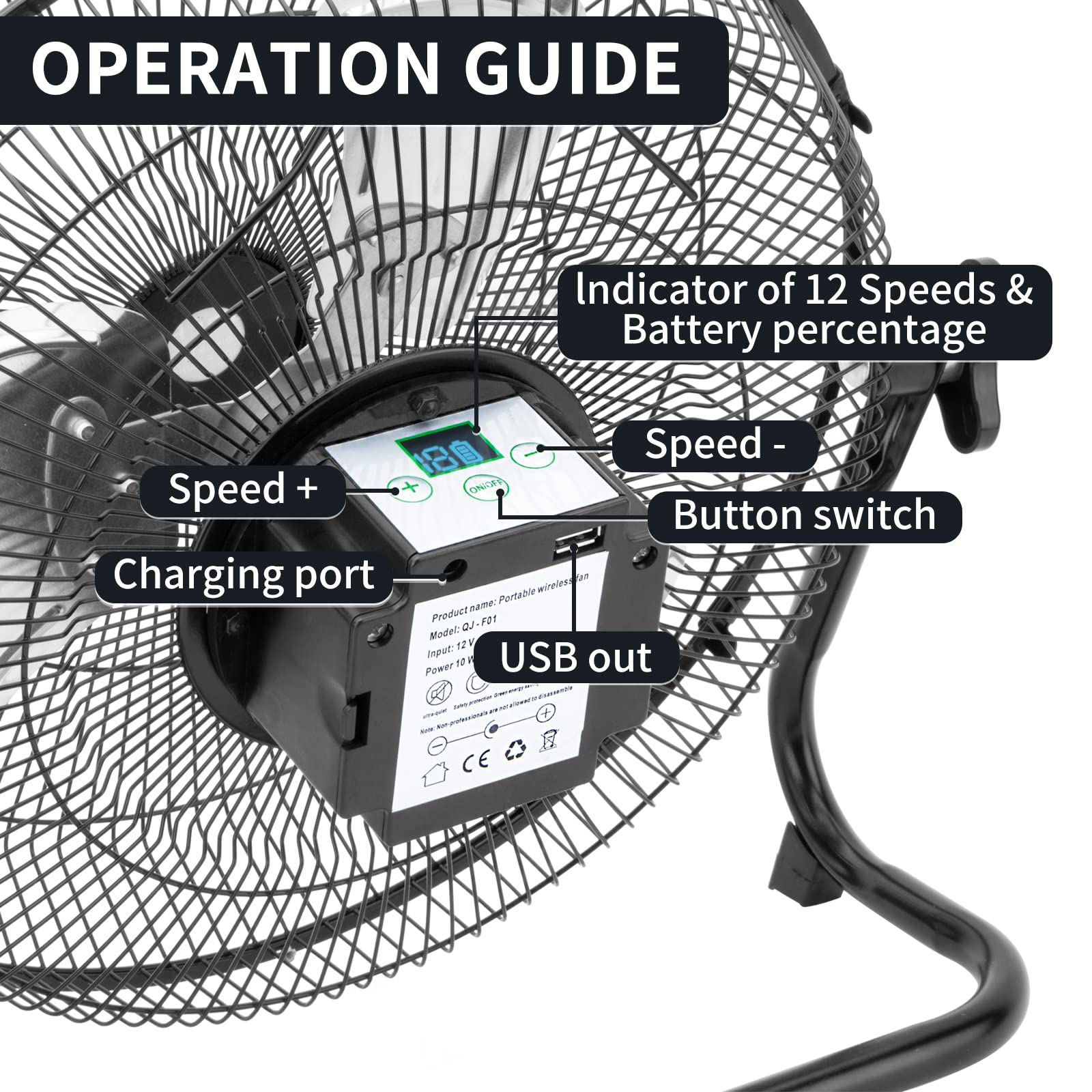 CYBERDAX 14 Inch Portable Wireless Rechargeable Table Fan with Solar Panel Powered and AC Charger Dual Input for Household, Camping, Fishing Outdoors