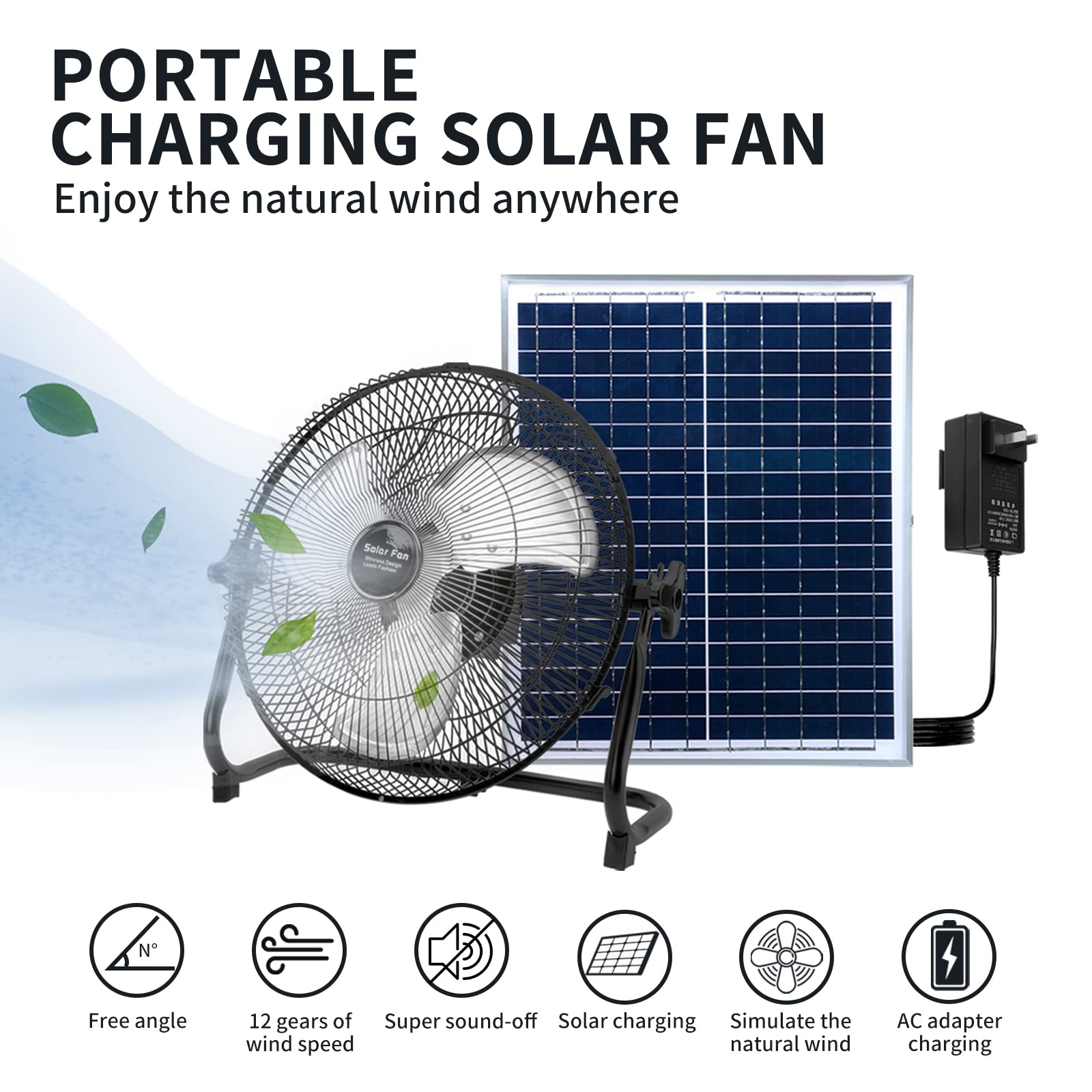 CYBERDAX 14 Inch Portable Wireless Rechargeable Table Fan with Solar Panel Powered and AC Charger Dual Input for Household, Camping, Fishing Outdoors