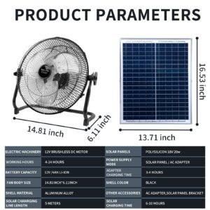 CYBERDAX 14 Inch Portable Wireless Rechargeable Table Fan with Solar Panel Powered and AC Charger Dual Input for Household, Camping, Fishing Outdoors