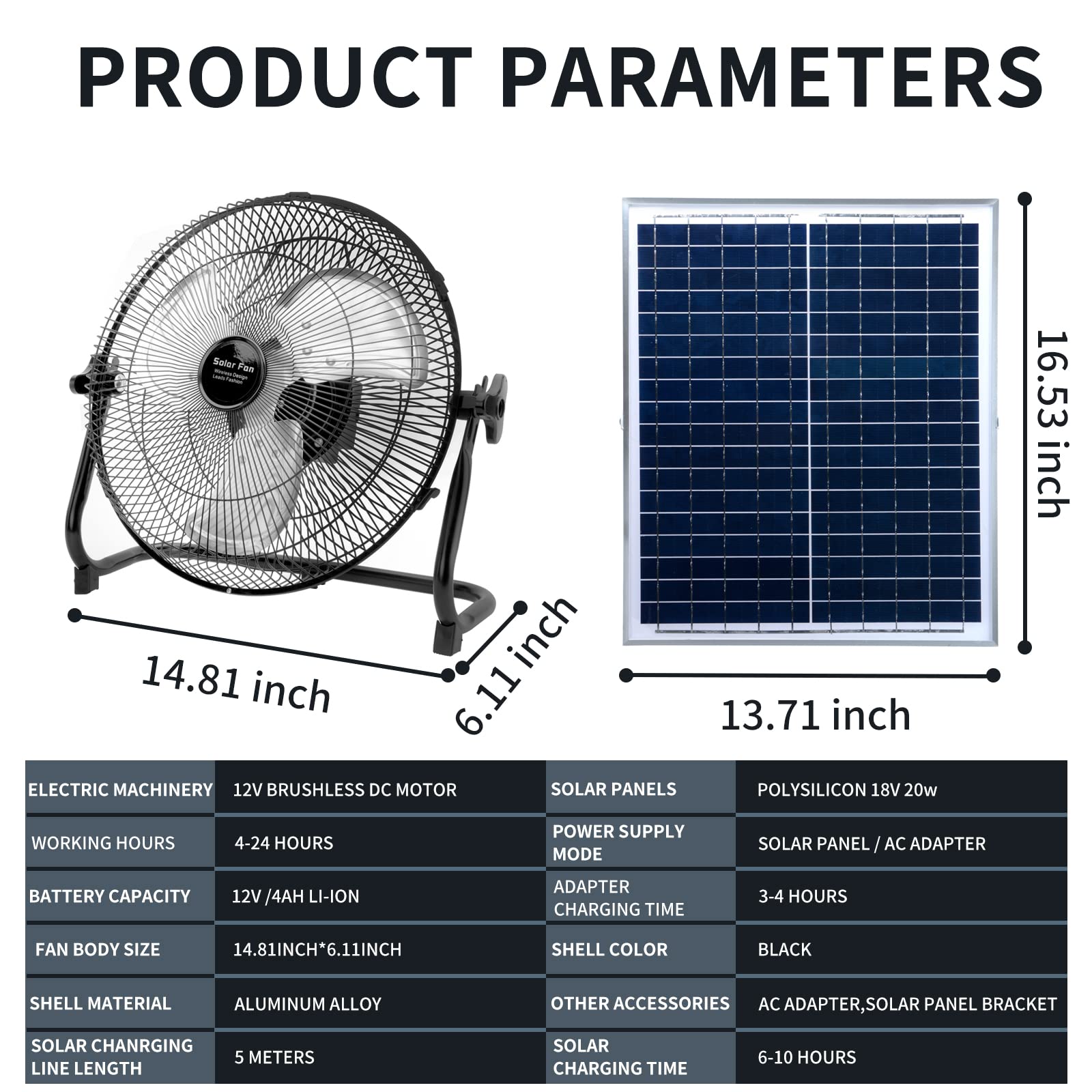 CYBERDAX 14 Inch Portable Wireless Rechargeable Table Fan with Solar Panel Powered and AC Charger Dual Input for Household, Camping, Fishing Outdoors