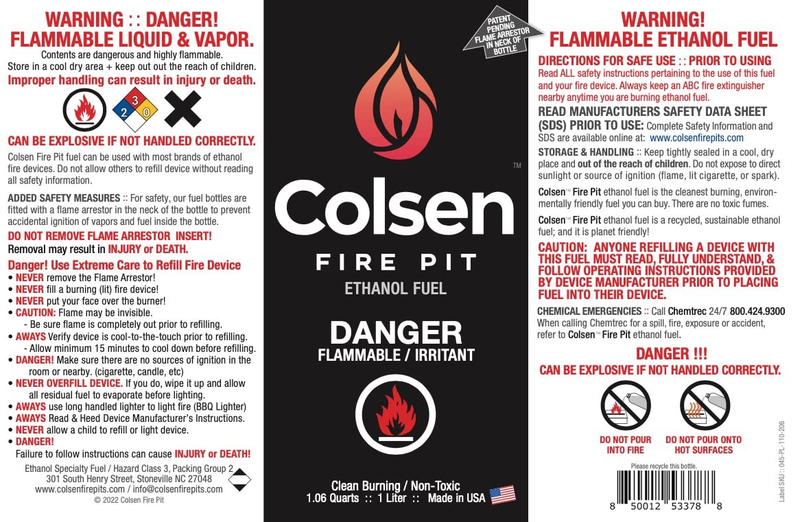 Colsen Tabletop Fire Pit Fuel (1000mL /32 oz.) - Smokeless Odorless Fireplace Ethanol Fuel - Outdoor Indoor Fireplace - Portable Table Top Fire Pit