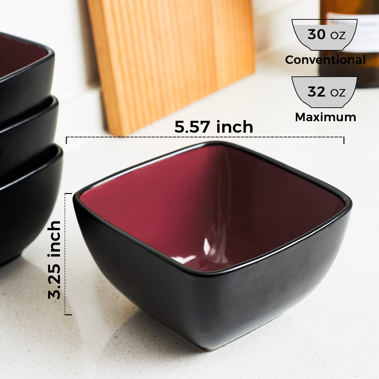 AmorArc 32oz Square Cereal Soup Bowls, Stoneware Bowls Set of 4 for Kitchen, Large Bowls for Cereal,Soup,Salad,Meal, Microwave & Dishwasher Safe-Red Inside