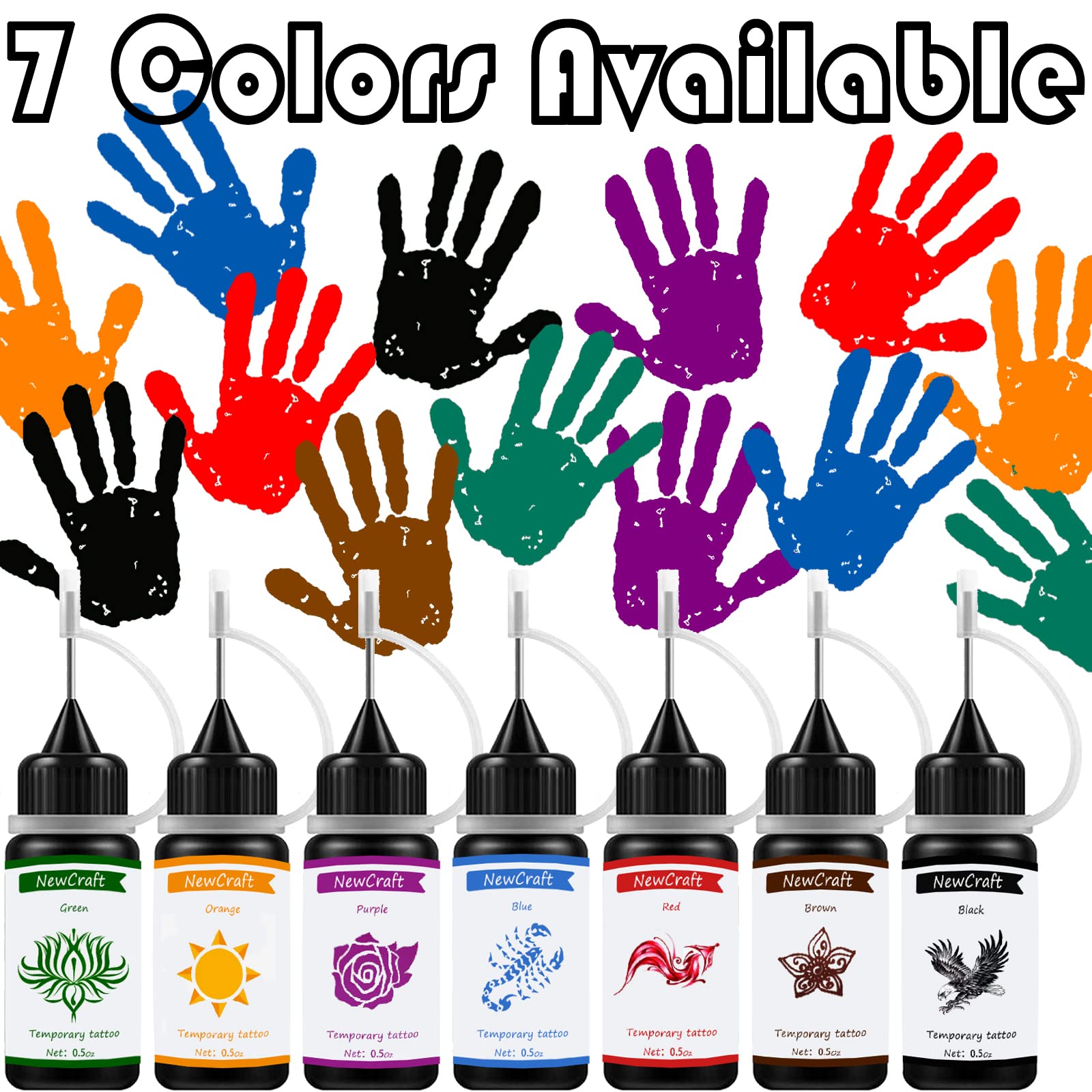 Temporary Tattoo Ink and Stencils for Adults Teens Kids, Temporary Tattoo Kit Skin Friendly - Black Red Brown Green Purple Blue Orange