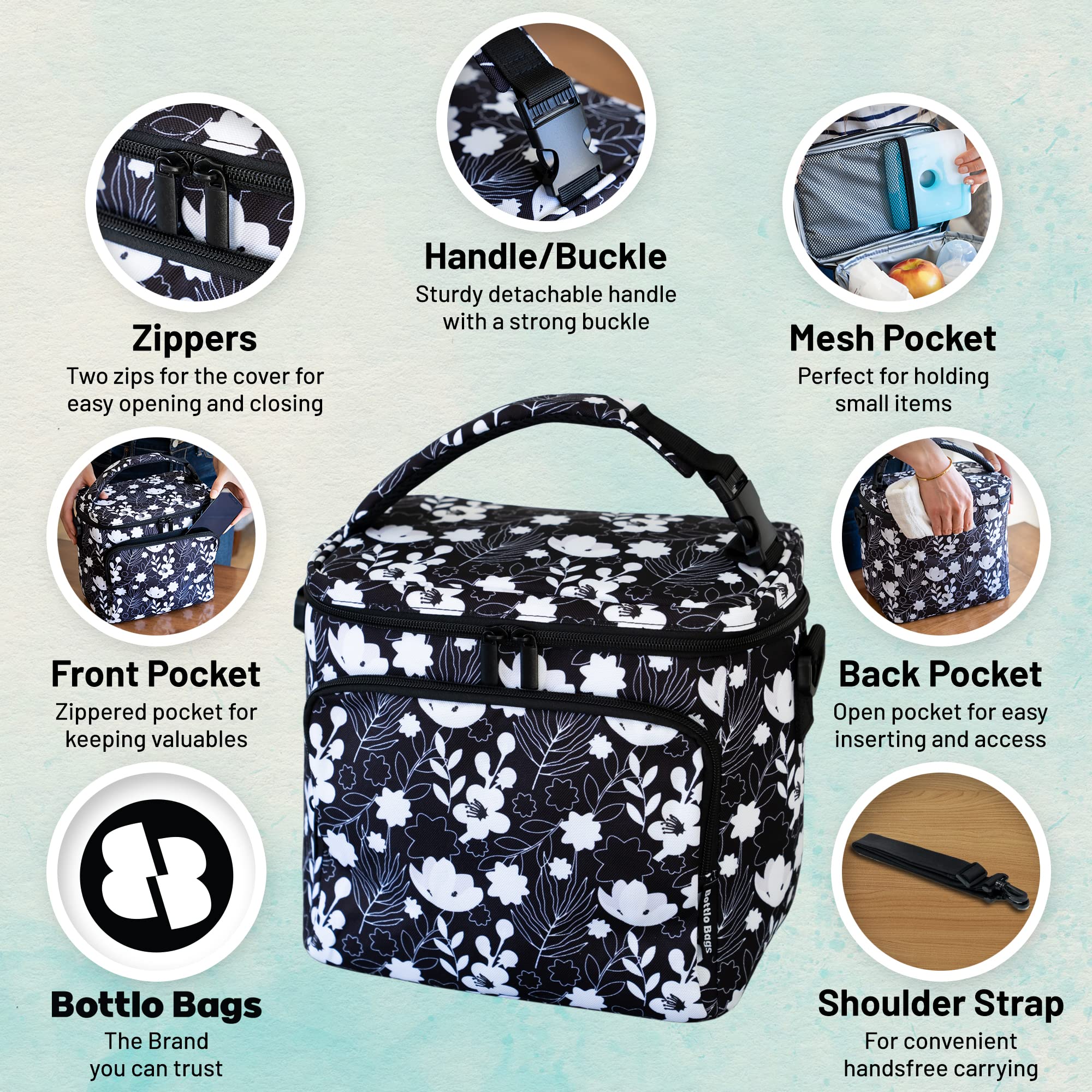 Insulated Breastmilk Cooler Bag With 3 Pockets - Waterproof Baby Bottle Cooler Bag Can Hold 6 Large 9 Ounce Bottles - The Perfect Tote Bottle Bag For Daycare, Nursing Moms, Travel - B&W Floral