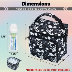 Insulated Breastmilk Cooler Bag With 3 Pockets - Waterproof Baby Bottle Cooler Bag Can Hold 6 Large 9 Ounce Bottles - The Perfect Tote Bottle Bag For Daycare, Nursing Moms, Travel - B&W Floral