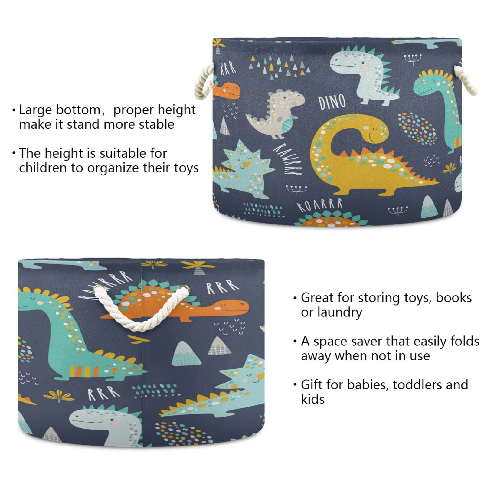 ALAZA Large Round Storage Basket,Dinosaurs PatternToy Basket Nursery Bins & Boxes Laundry Hamper for Bathroom/Bedroom/Home Decor