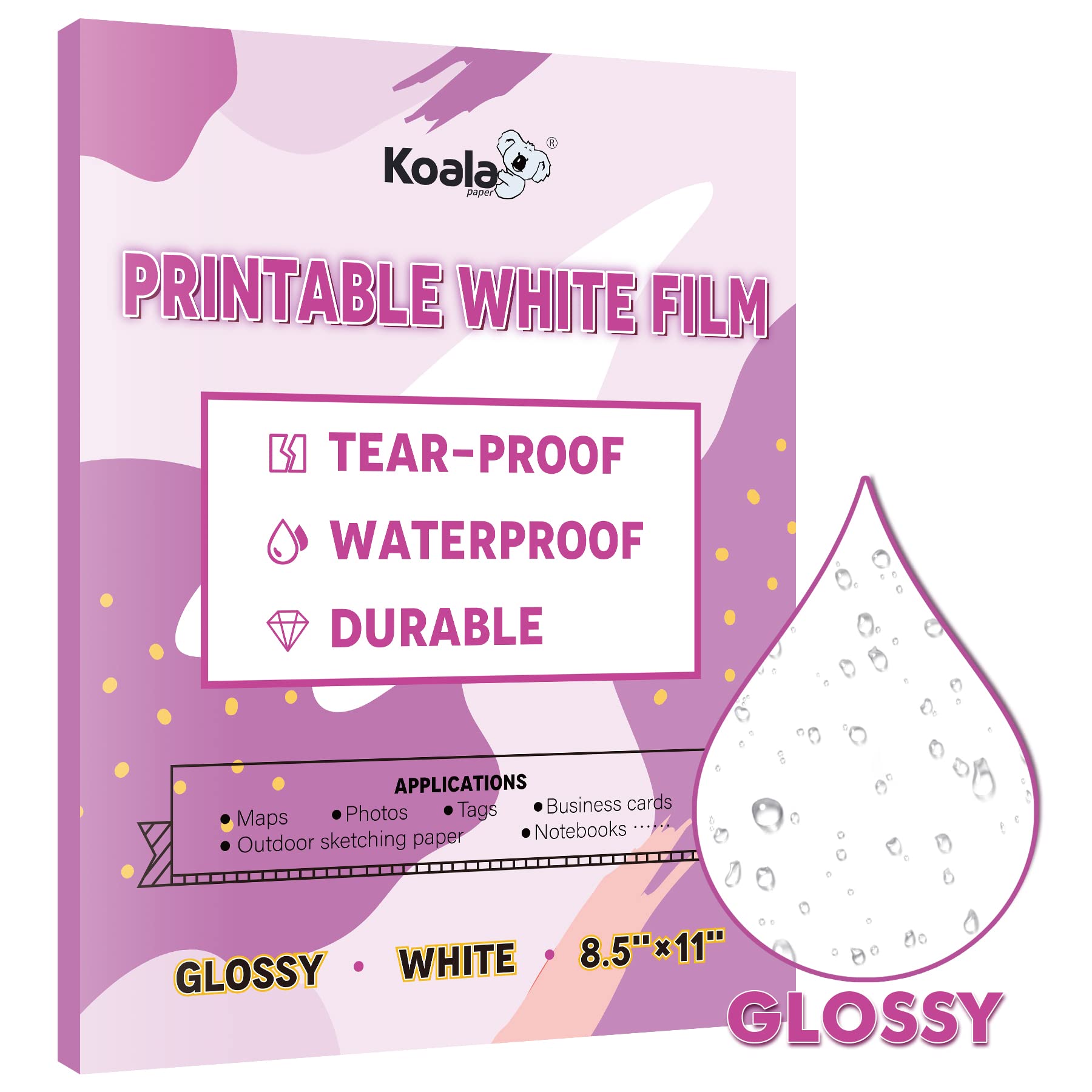 Koala Glossy White Film for Inkjet Printers, Waterproof and Tearproof Printer Paper, Single-Sided Printable Film, 8.5 x 11 Inch 20 Sheets, for Exceptional Image Reproduction