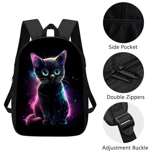 ALIFAFA Black Cat Backpack Cute Kitty Cat in Galaxy School Bookbag for Boys Girls Kids Teens, Elementary Middle High College School Casual Travel Bag Computer Laptop Daypack Rucksack, 17 Inch