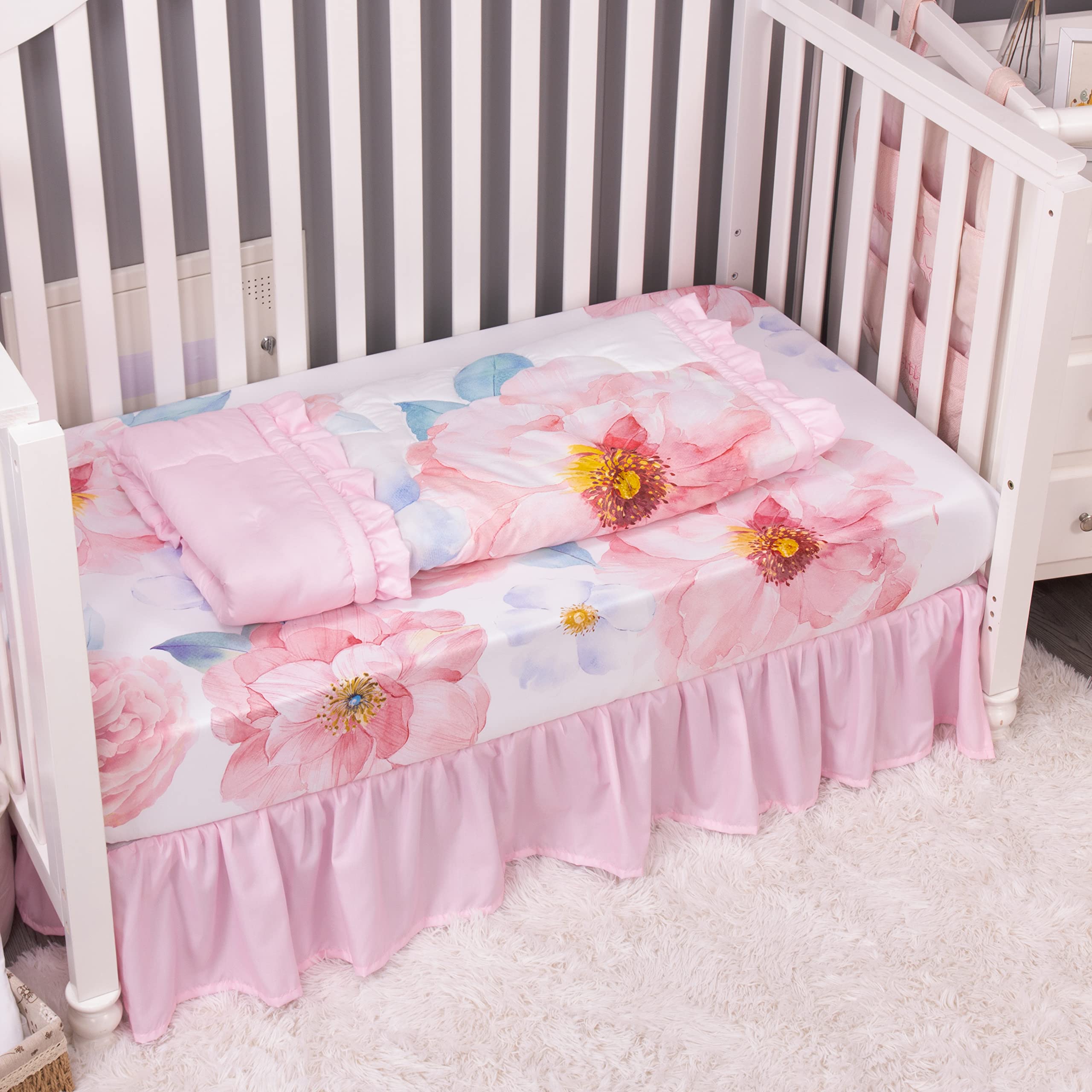 La Premura Baby Girl Crib Bedding Set for Girls, 4-Piece Nursery Crib Set Including Crib Sheet, Blanket, Crib Skirt and Pillow Cover, Watercolor Rose, Pastel Pink & Baby Blue