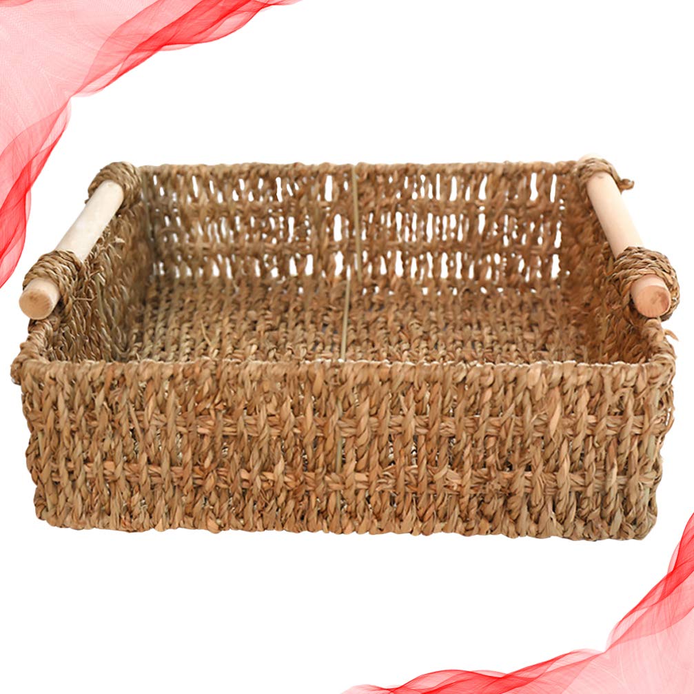 DOITOOL Hand- Woven Storage Basket with Wooden Handle, Rectangular Seagrass Storage Baskets, Wicker Baskets for Shelves, Natural Hyacinth Baskets for Organizing, 11.42x11.42x3.54