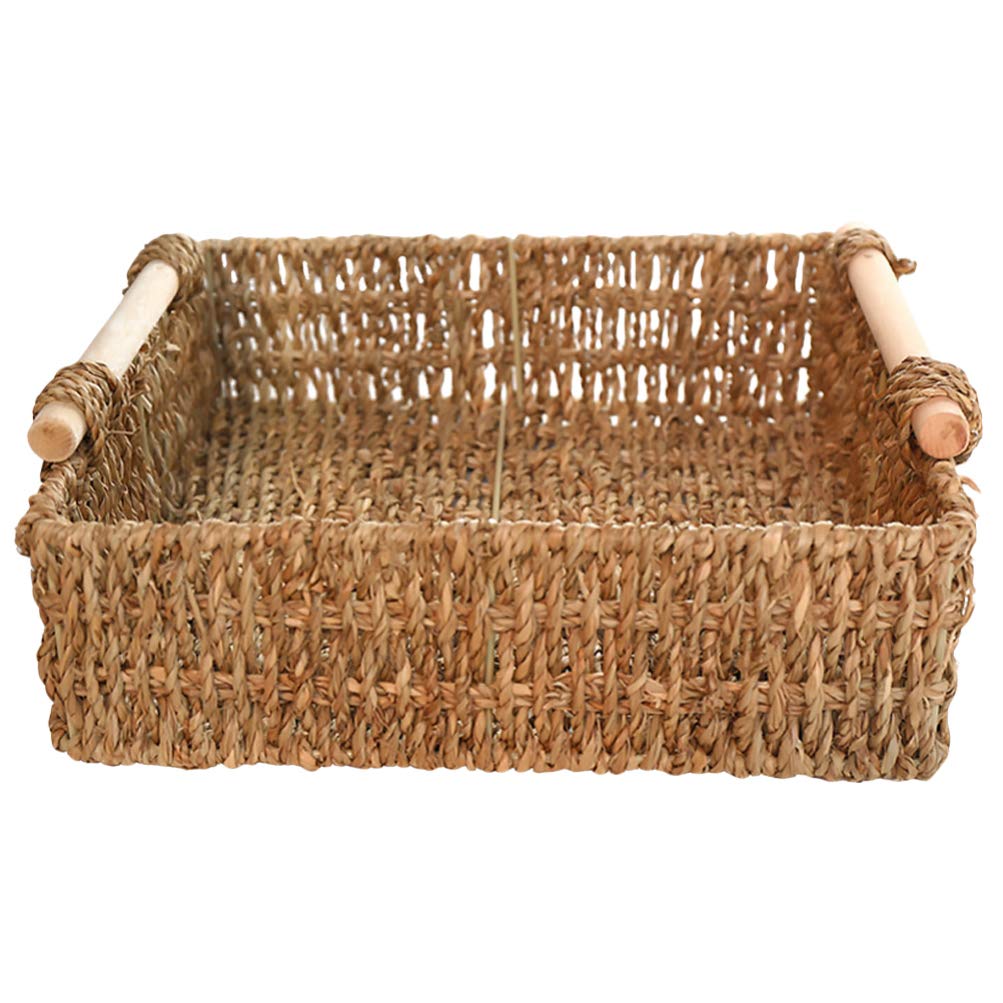 DOITOOL Hand- Woven Storage Basket with Wooden Handle, Rectangular Seagrass Storage Baskets, Wicker Baskets for Shelves, Natural Hyacinth Baskets for Organizing, 11.42x11.42x3.54