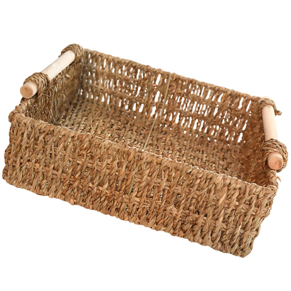 DOITOOL Hand- Woven Storage Basket with Wooden Handle, Rectangular Seagrass Storage Baskets, Wicker Baskets for Shelves, Natural Hyacinth Baskets for Organizing, 11.42x11.42x3.54