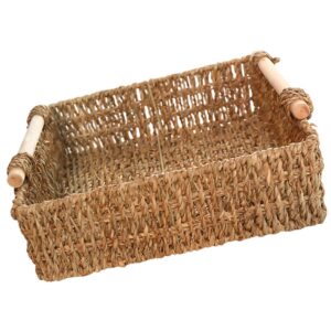 DOITOOL Hand- Woven Storage Basket with Wooden Handle, Rectangular Seagrass Storage Baskets, Wicker Baskets for Shelves, Natural Hyacinth Baskets for Organizing, 11.42x11.42x3.54