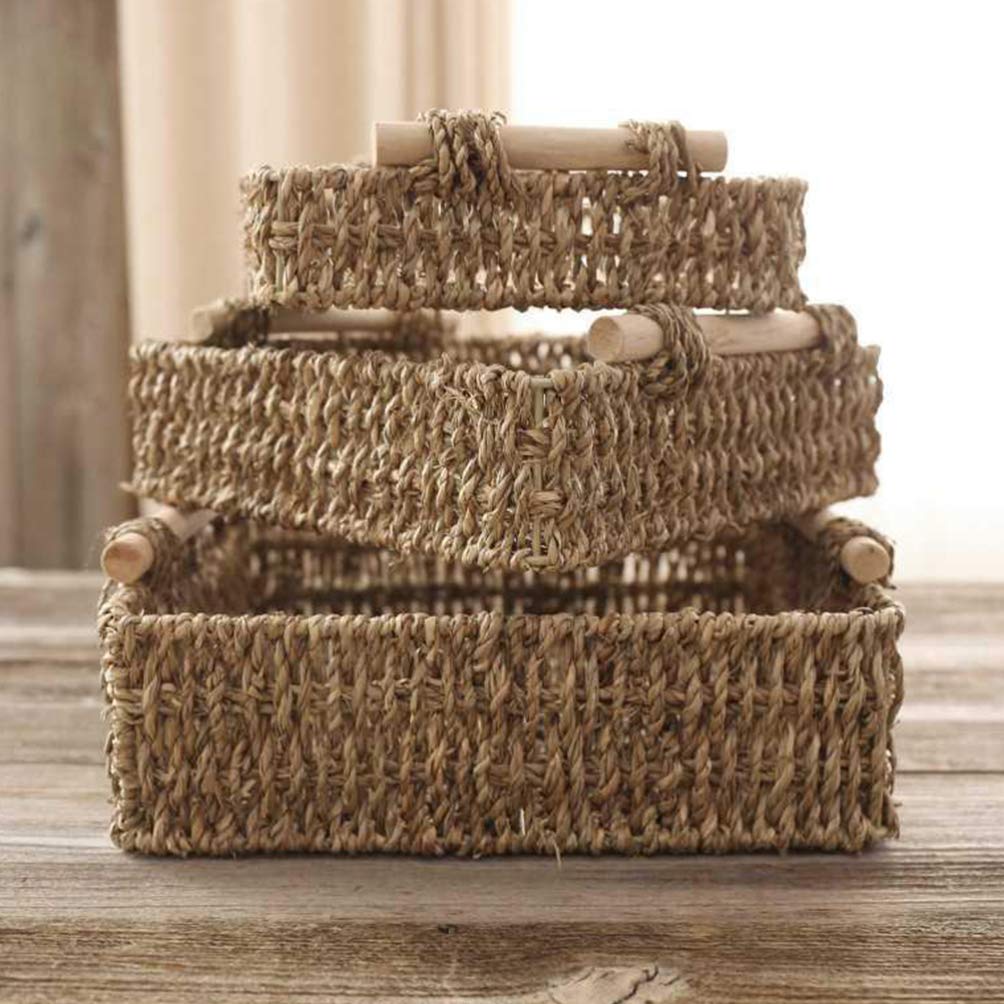 DOITOOL Hand- Woven Storage Basket with Wooden Handle, Rectangular Seagrass Storage Baskets, Wicker Baskets for Shelves, Natural Hyacinth Baskets for Organizing, 11.42x11.42x3.54