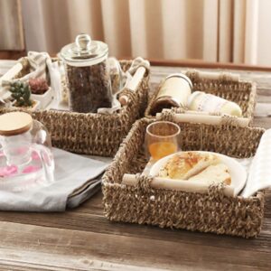 DOITOOL Hand- Woven Storage Basket with Wooden Handle, Rectangular Seagrass Storage Baskets, Wicker Baskets for Shelves, Natural Hyacinth Baskets for Organizing, 11.42x11.42x3.54