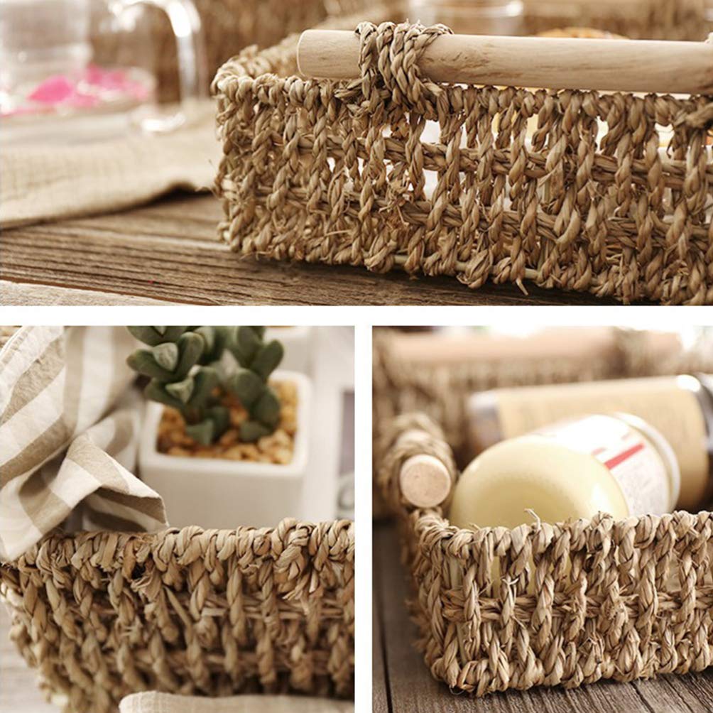 DOITOOL Hand- Woven Storage Basket with Wooden Handle, Rectangular Seagrass Storage Baskets, Wicker Baskets for Shelves, Natural Hyacinth Baskets for Organizing, 11.42x11.42x3.54