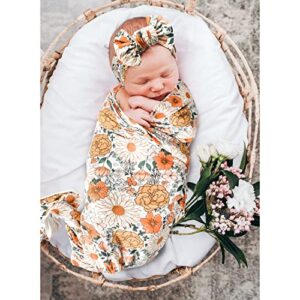 Konssy Baby Girl Newborn Receiving Blanket with Headband Set Baby Swaddle Floral Motif Nursery Swaddle Wrap