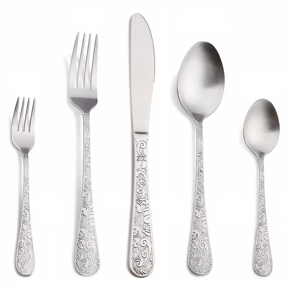 Matte Silverware Set for 8 Premium Stainless Steel Flatware Set Delicate Engraved Floral Decoration 40 Piece Include Knives Forks and Spoons Cutlery Utensils Set for Home Kitchen Party