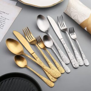 Matte Silverware Set for 8 Premium Stainless Steel Flatware Set Delicate Engraved Floral Decoration 40 Piece Include Knives Forks and Spoons Cutlery Utensils Set for Home Kitchen Party