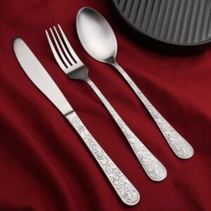 Matte Silverware Set for 8 Premium Stainless Steel Flatware Set Delicate Engraved Floral Decoration 40 Piece Include Knives Forks and Spoons Cutlery Utensils Set for Home Kitchen Party