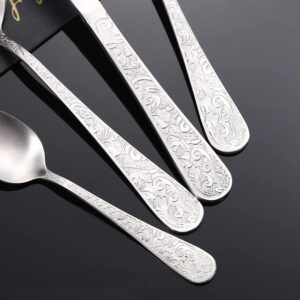 Matte Silverware Set for 8 Premium Stainless Steel Flatware Set Delicate Engraved Floral Decoration 40 Piece Include Knives Forks and Spoons Cutlery Utensils Set for Home Kitchen Party