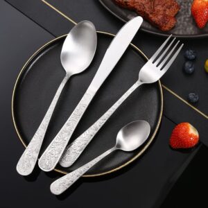 Matte Silverware Set for 8 Premium Stainless Steel Flatware Set Delicate Engraved Floral Decoration 40 Piece Include Knives Forks and Spoons Cutlery Utensils Set for Home Kitchen Party