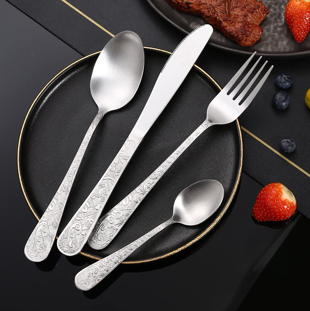 Matte Silverware Set for 8 Premium Stainless Steel Flatware Set Delicate Engraved Floral Decoration 40 Piece Include Knives Forks and Spoons Cutlery Utensils Set for Home Kitchen Party