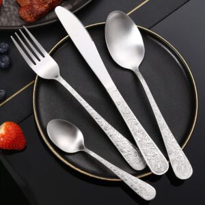 Matte Silverware Set for 8 Premium Stainless Steel Flatware Set Delicate Engraved Floral Decoration 40 Piece Include Knives Forks and Spoons Cutlery Utensils Set for Home Kitchen Party