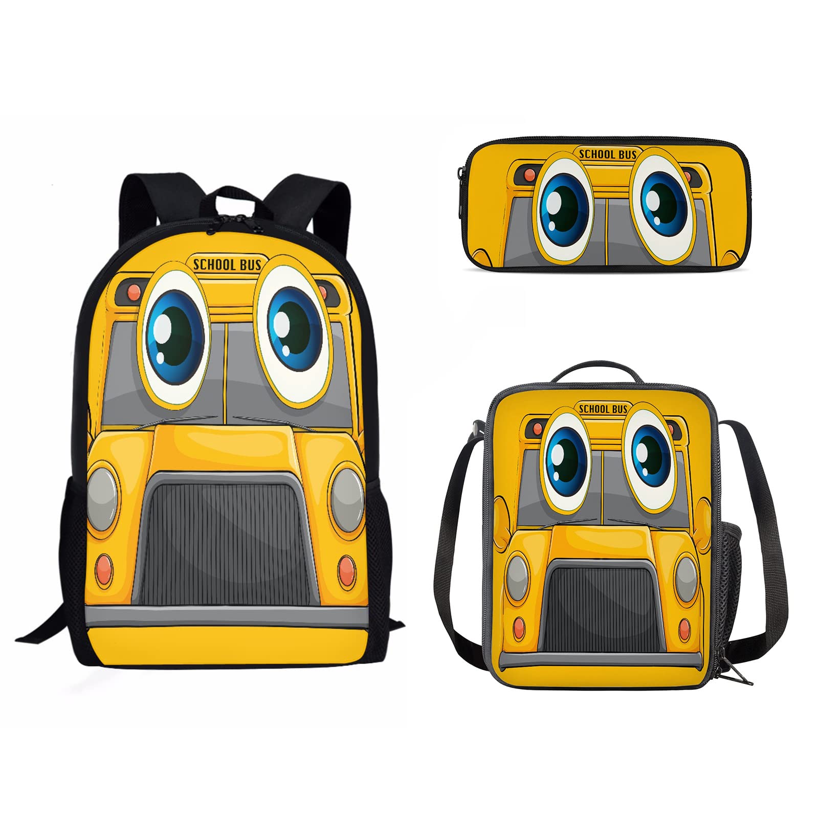 STUOARTE Cartoon School Bus Print Backpack with Lunch Box and Pencil Case, 3 Piece Kids Kindergarten School Bag Set Lightweight Daypack Travel Bookbag for Preschool