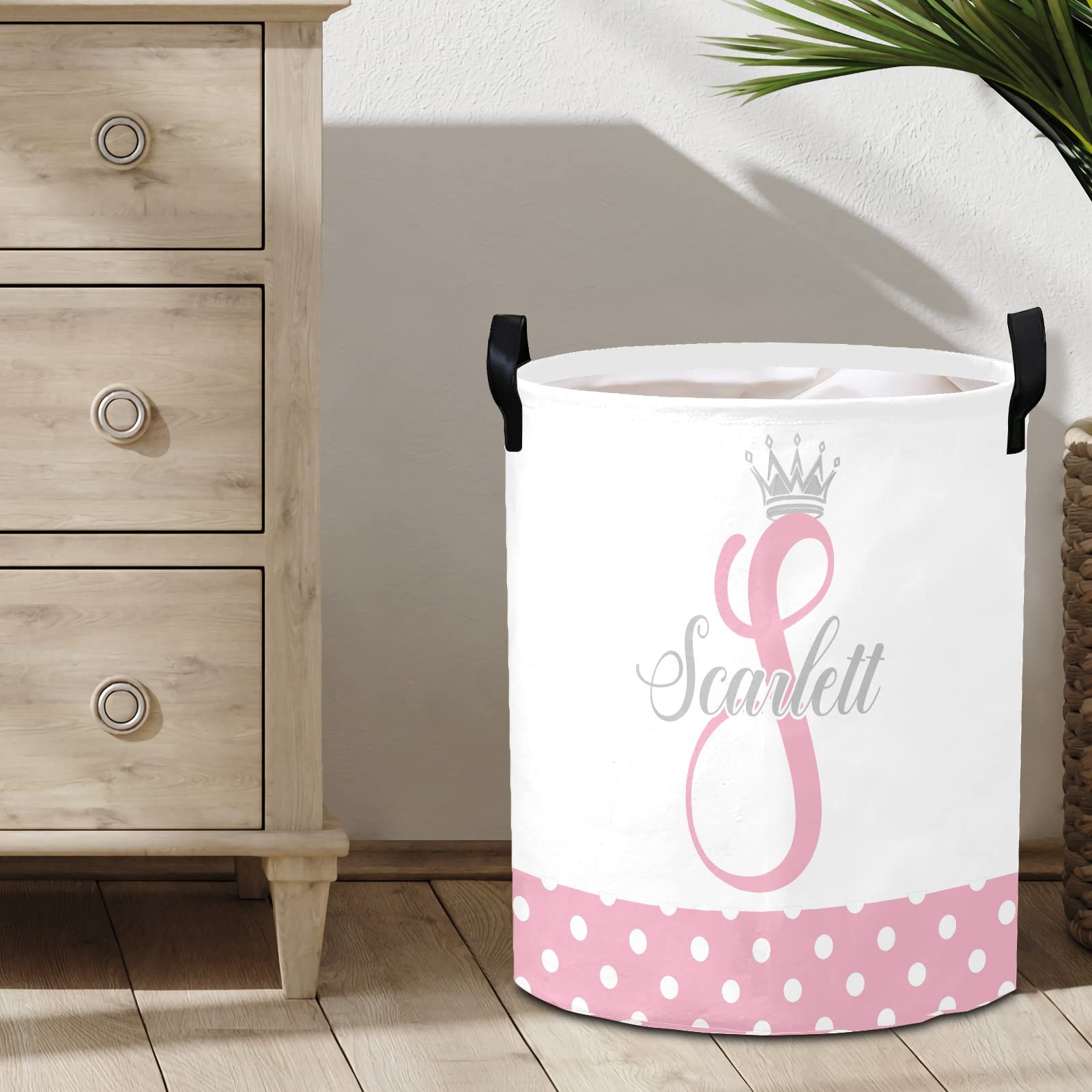 Personalized Laundry Basket Hamper,Princess Pink Dots,Collapsible Storage Baskets with Handles for Kids Room,Clothes, Nursery Decor