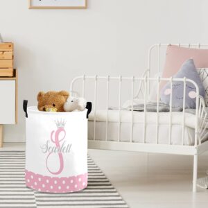 Personalized Laundry Basket Hamper,Princess Pink Dots,Collapsible Storage Baskets with Handles for Kids Room,Clothes, Nursery Decor