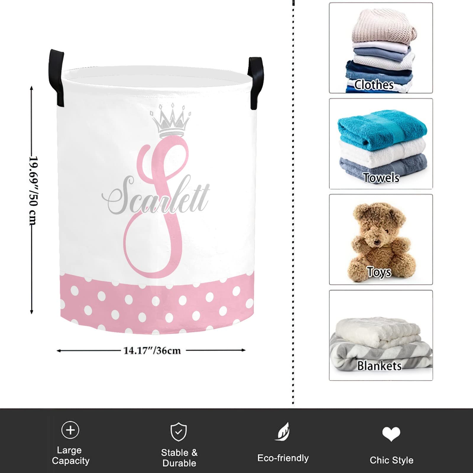 Personalized Laundry Basket Hamper,Princess Pink Dots,Collapsible Storage Baskets with Handles for Kids Room,Clothes, Nursery Decor