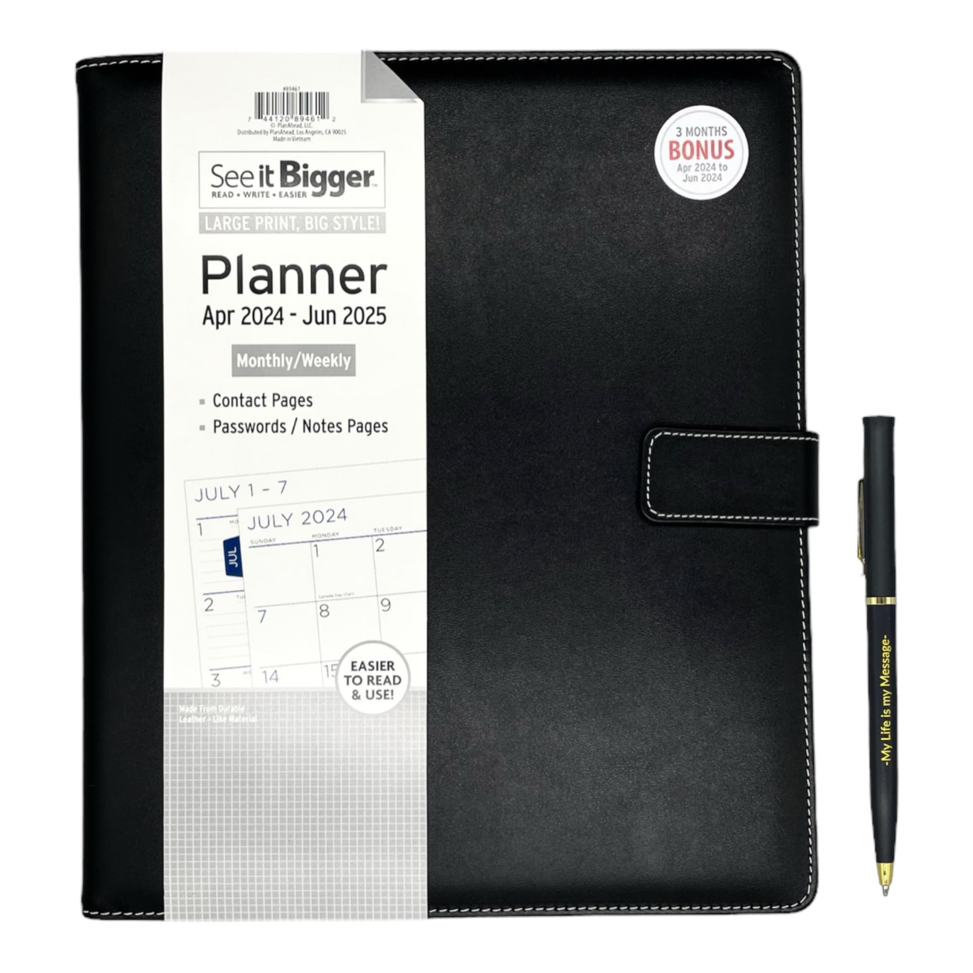 PlanAhead SEE IT BIGGER Monthly/Weekly Large Deluxe Planner/Organizer Premium Paper April 2024 - June 2025 9.75" x 11.75" and SUHEYLA Inspirational Pen “My Life is My Message"