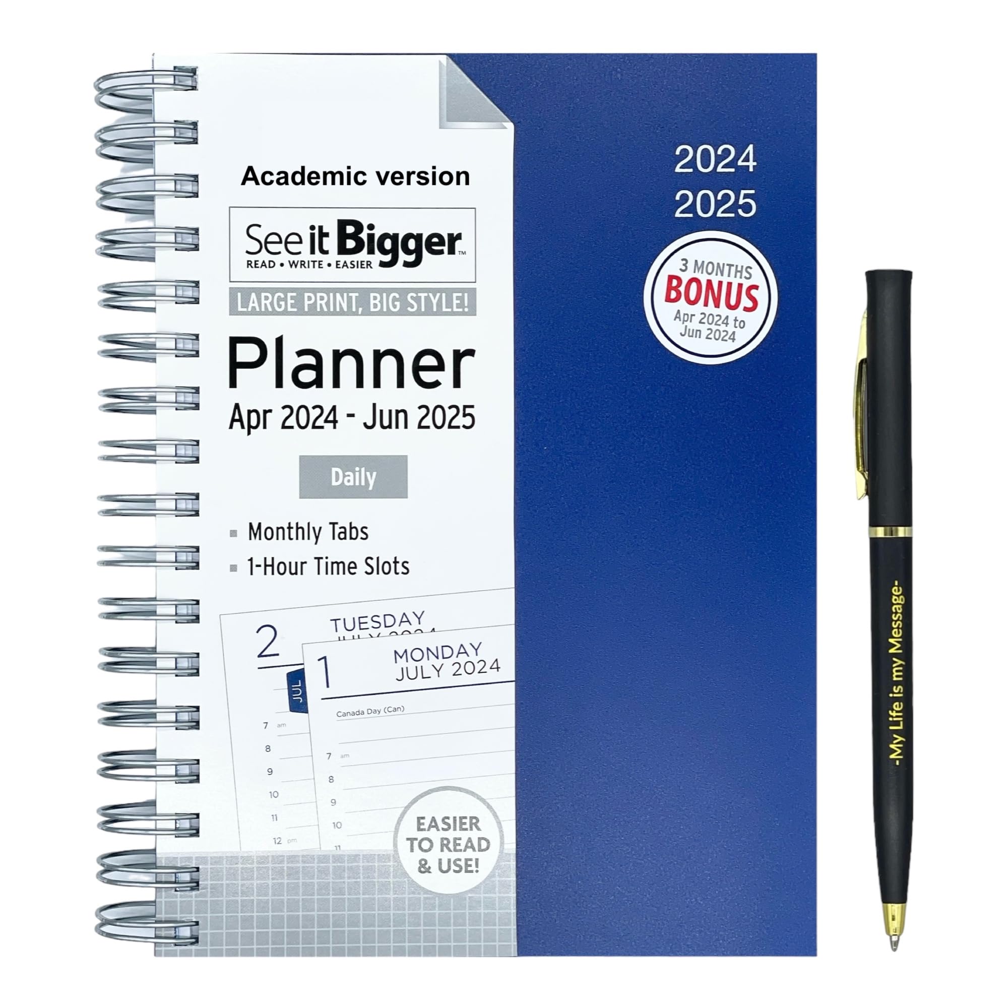 PlanAhead SEE IT BIGGER Daily Format Planner Premium Paper 6" x 9" April 2024 - June 2025 and SUHEYLA Inspirational Pen "My Life is My Message”. (Navy)