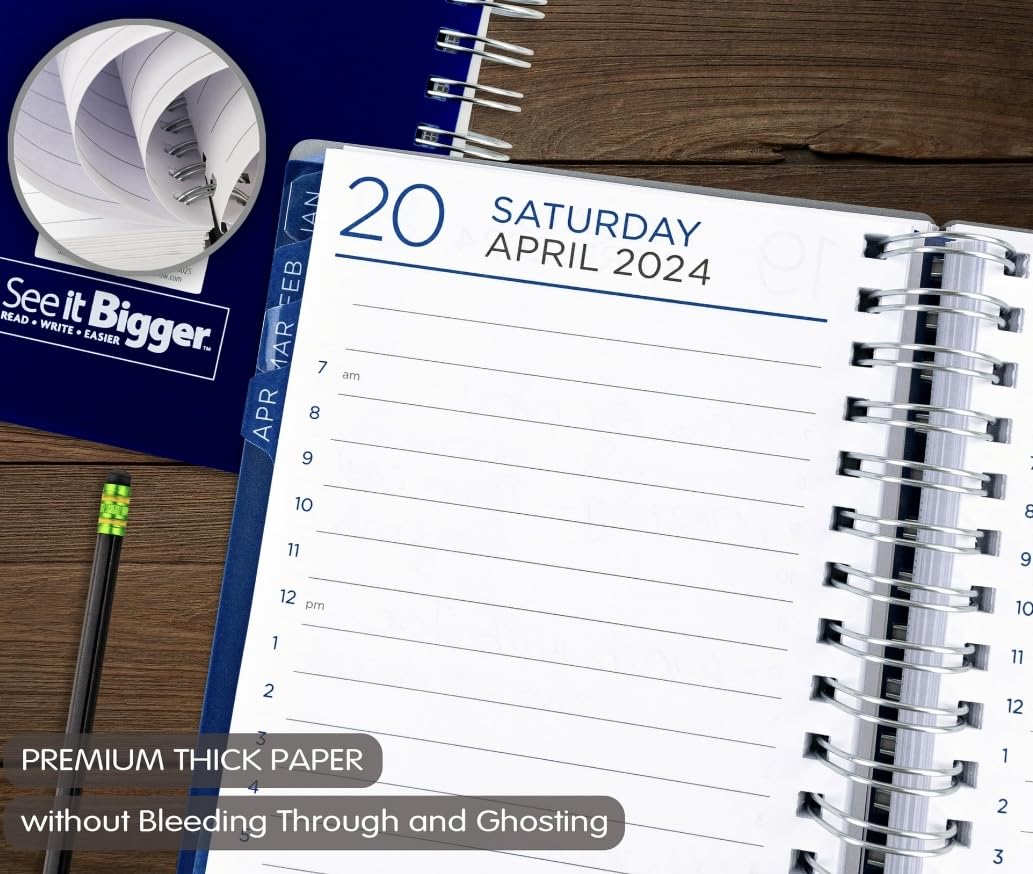 PlanAhead SEE IT BIGGER Daily Format Planner Premium Paper 6" x 9" April 2024 - June 2025 and SUHEYLA Inspirational Pen "My Life is My Message”. (Navy)