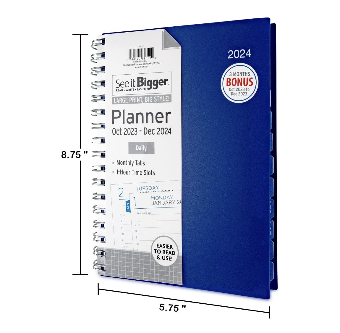 PlanAhead SEE IT BIGGER Daily Format Planner Premium Paper 6" x 9" April 2024 - June 2025 and SUHEYLA Inspirational Pen "My Life is My Message”. (Navy)