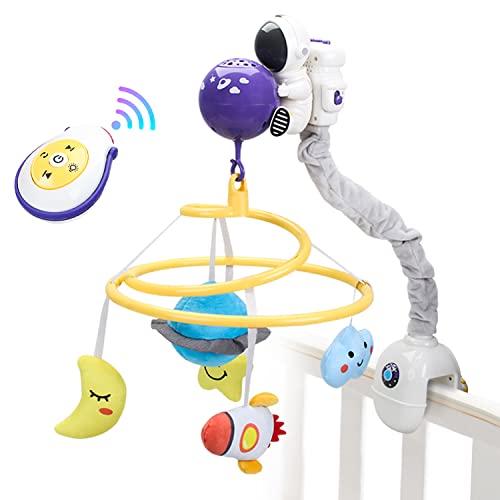 Baby Crib Mobile with Safety Buckle Lock,Music,Light Projector,3 Modes(Rotate,Natural light,Lullaby)2 Volume Control,Slow Silent Rotation,Remote Control,Five Soft Toys-Eapura Space Stars Station Theme