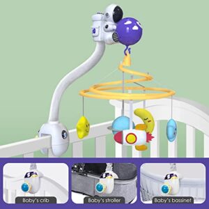 Baby Crib Mobile with Safety Buckle Lock,Music,Light Projector,3 Modes(Rotate,Natural light,Lullaby)2 Volume Control,Slow Silent Rotation,Remote Control,Five Soft Toys-Eapura Space Stars Station Theme