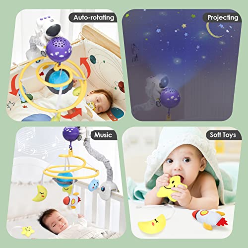 Baby Crib Mobile with Safety Buckle Lock,Music,Light Projector,3 Modes(Rotate,Natural light,Lullaby)2 Volume Control,Slow Silent Rotation,Remote Control,Five Soft Toys-Eapura Space Stars Station Theme