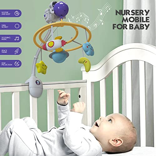 Baby Crib Mobile with Safety Buckle Lock,Music,Light Projector,3 Modes(Rotate,Natural light,Lullaby)2 Volume Control,Slow Silent Rotation,Remote Control,Five Soft Toys-Eapura Space Stars Station Theme